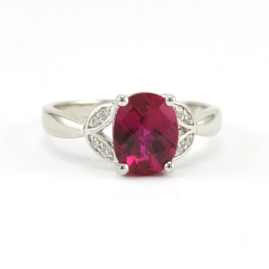 Sterling Silver Created Ruby 2.6ct Oval CZ Ring Size 7