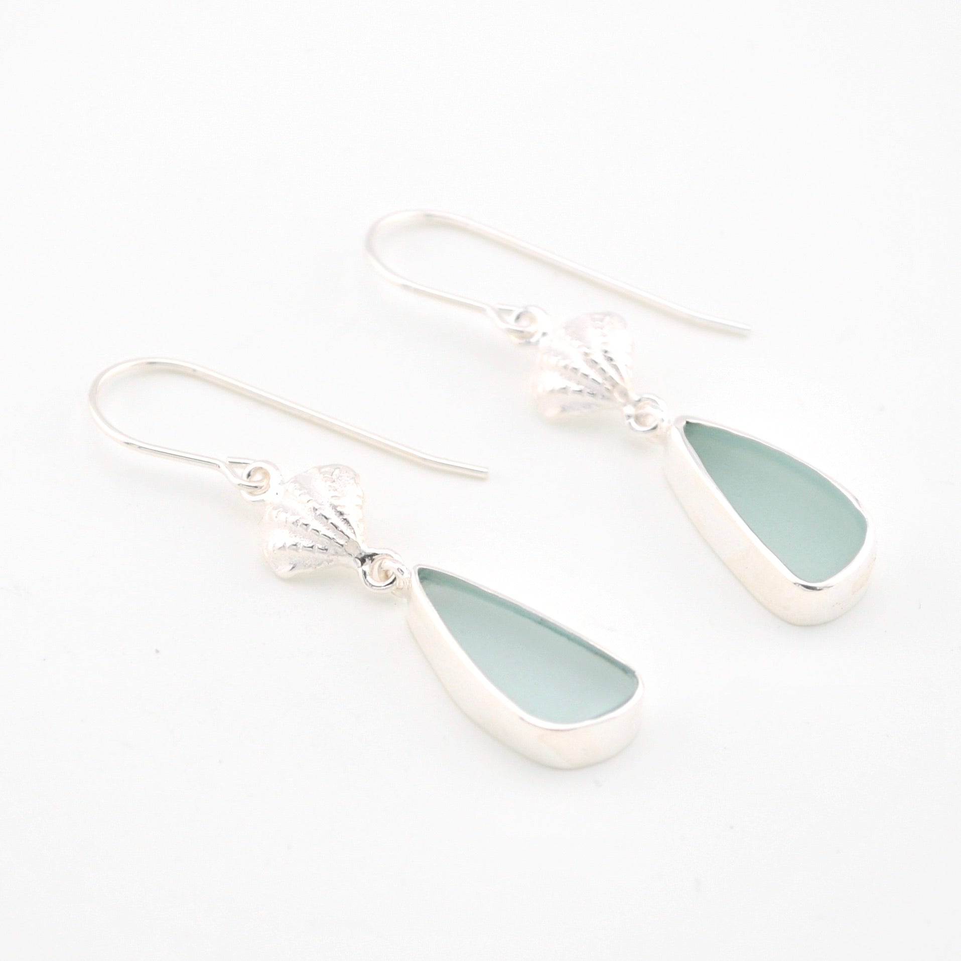 Sterling Silver Seashell Aqua Sea Glass Earrings