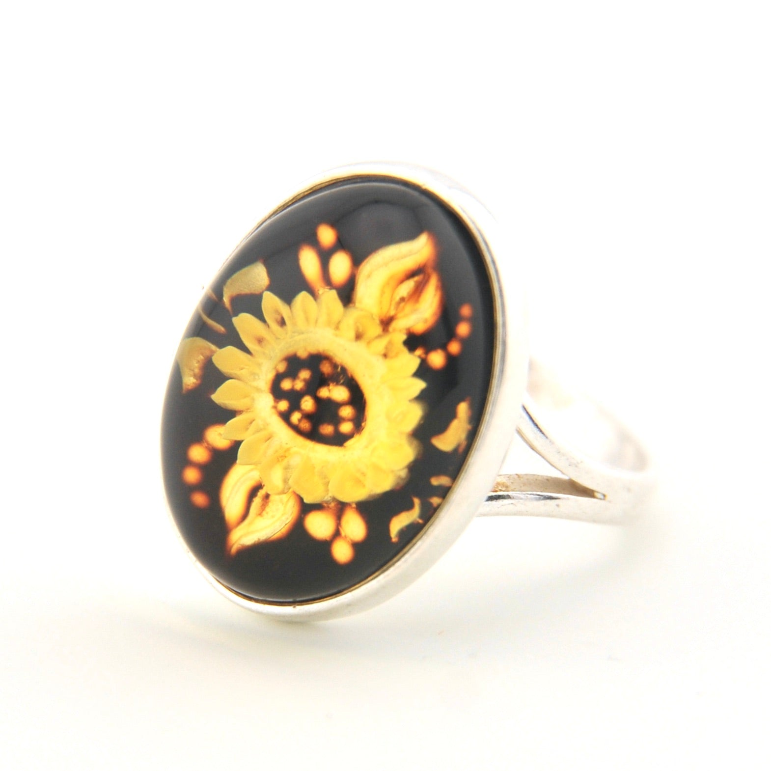 Sterling Silver Amber Intaglio Sunflower Adjustable Ring